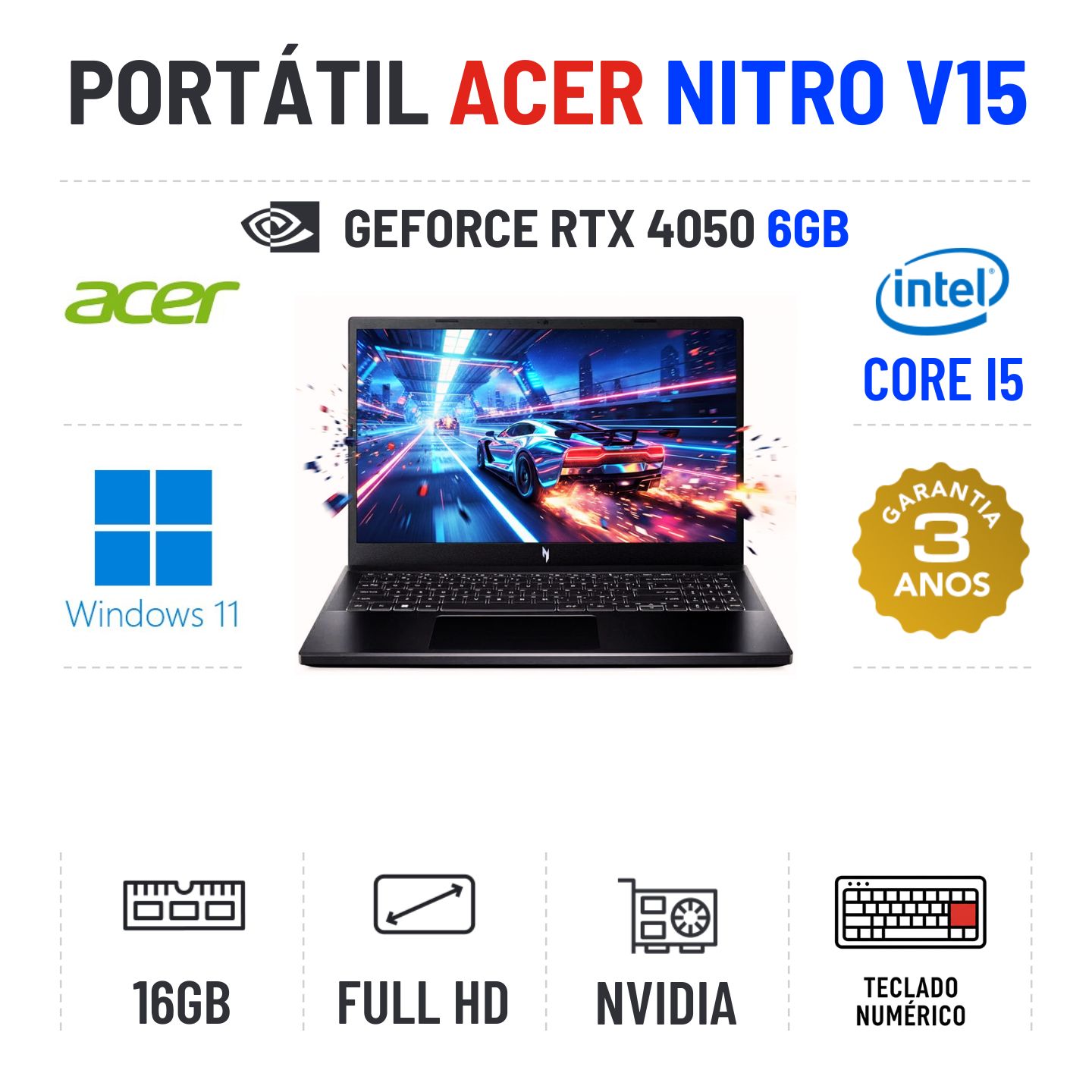 ACER NITRO V15 15.6'' FULLHD 144Hz I5-13420H 16GB RAM 480GB ...